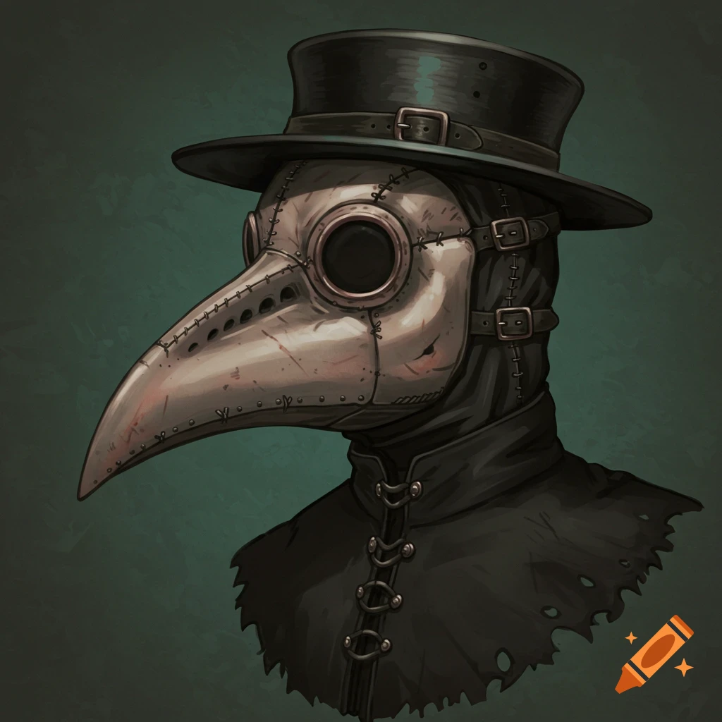Stylized drawing of a plague doctor head wearing a mask, hat, and dark clothing. on Craiyon
