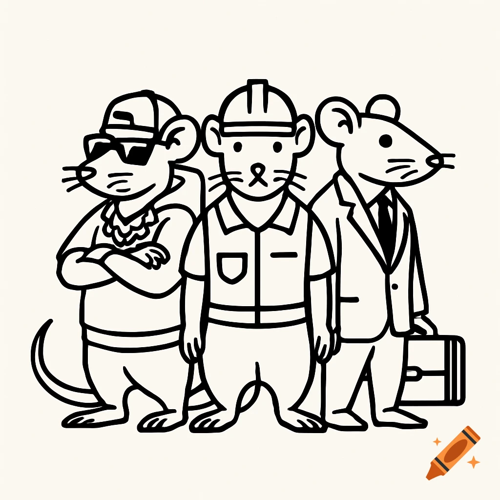 Line art illustration of three rats dressed in hip hop, construction ...