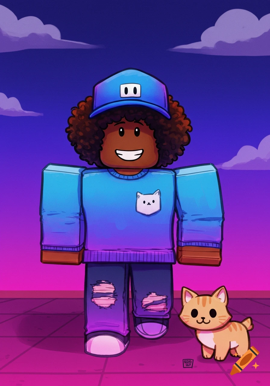 Stylized illustration of a Roblox avatar character with a cat walking ...