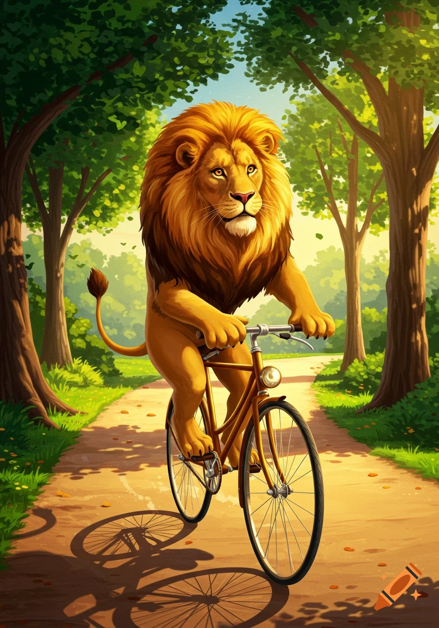 An illustration of a lion riding a bicycle on a sunny forest path. on ...