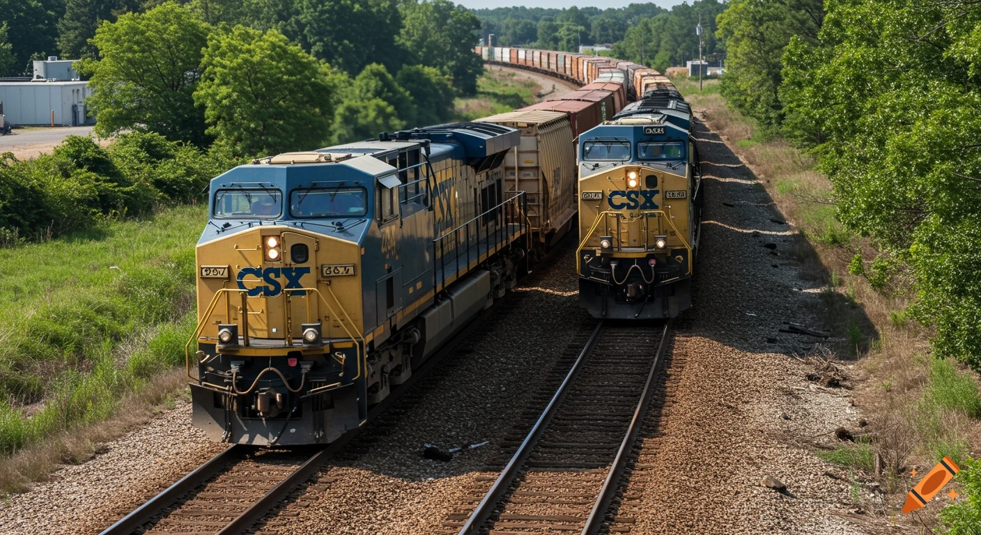 Two blue and yellow CSX freight trains on tracks, pulling cargo cars, with trees and buildings ...