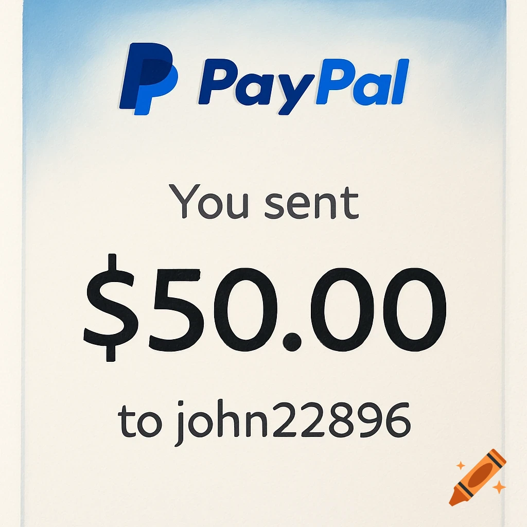 PayPal screen showing $50.00 sent to john22896. on Craiyon