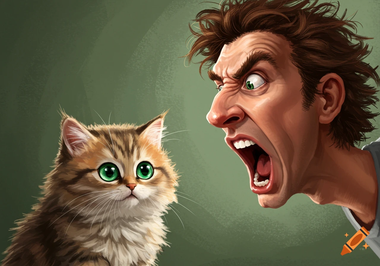 An illustration of an angry man screaming at a wide-eyed cat. on Craiyon
