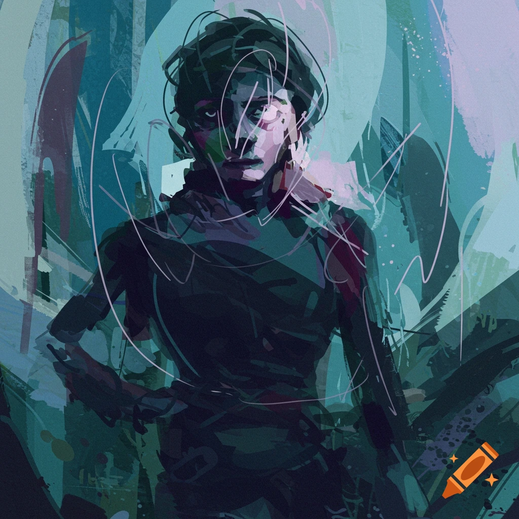 Abstract expressionist portrait with distorted features and swirling ...