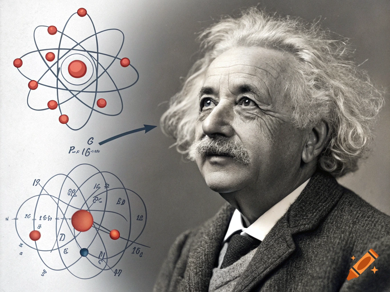 Black and white portrait of Albert Einstein looking up, next to atom ...