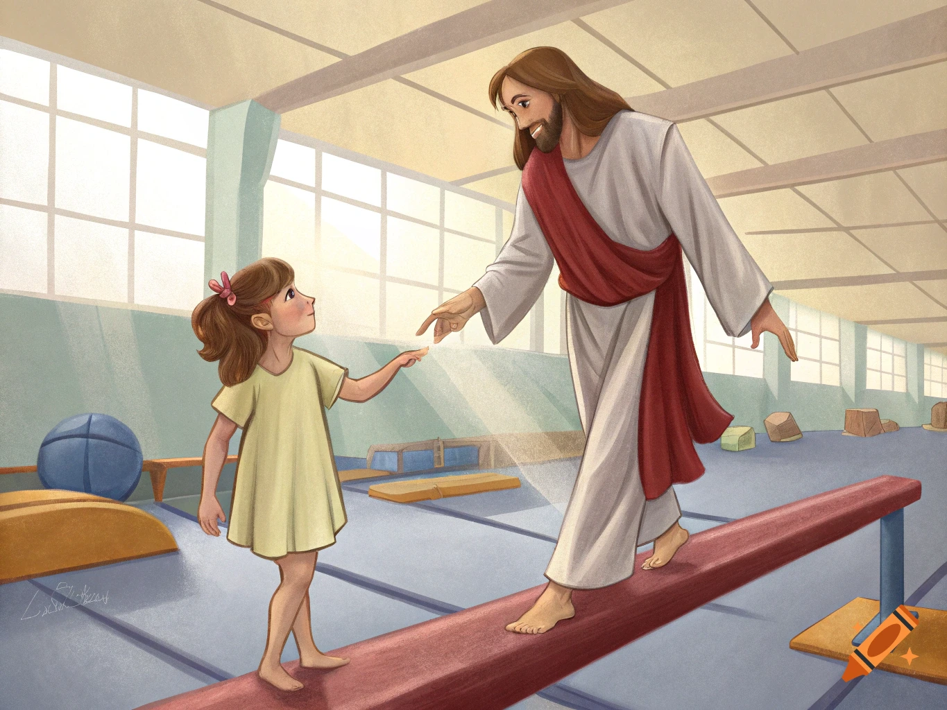 Jesus Christ walks with a young girl on a balance beam in a gym ...