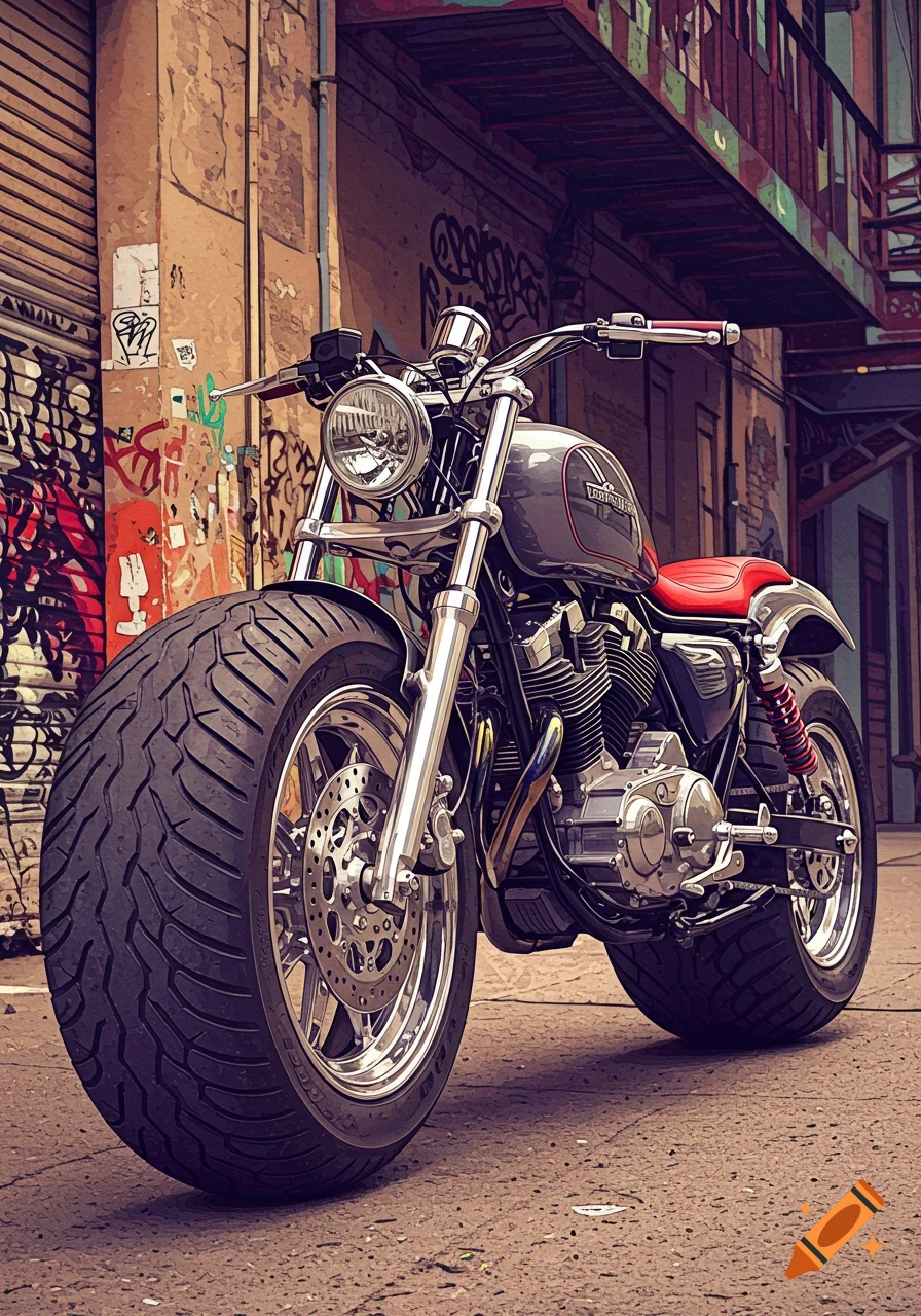 Stylized motorcycle with huge tires on a graffiti-covered street. on ...