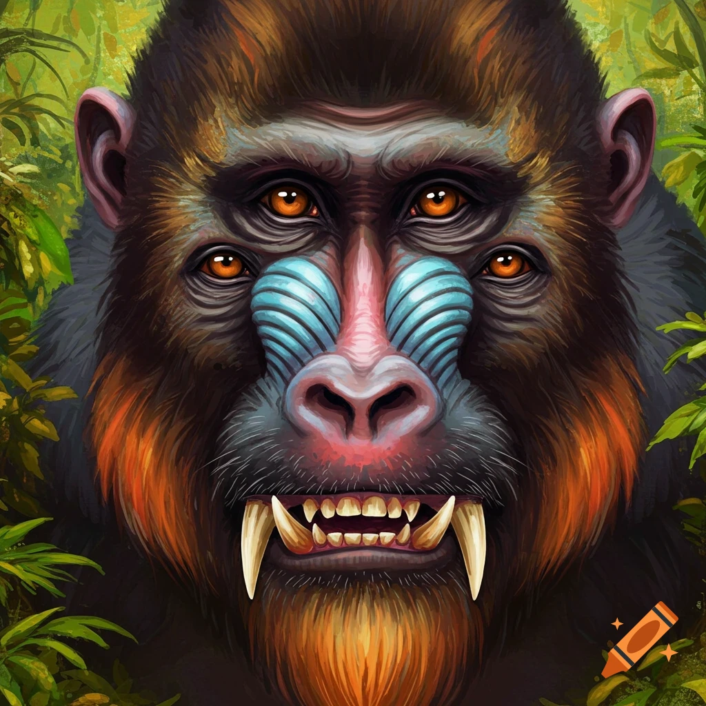 Close-up digital painting of a stylized ape face with four eyes and ...