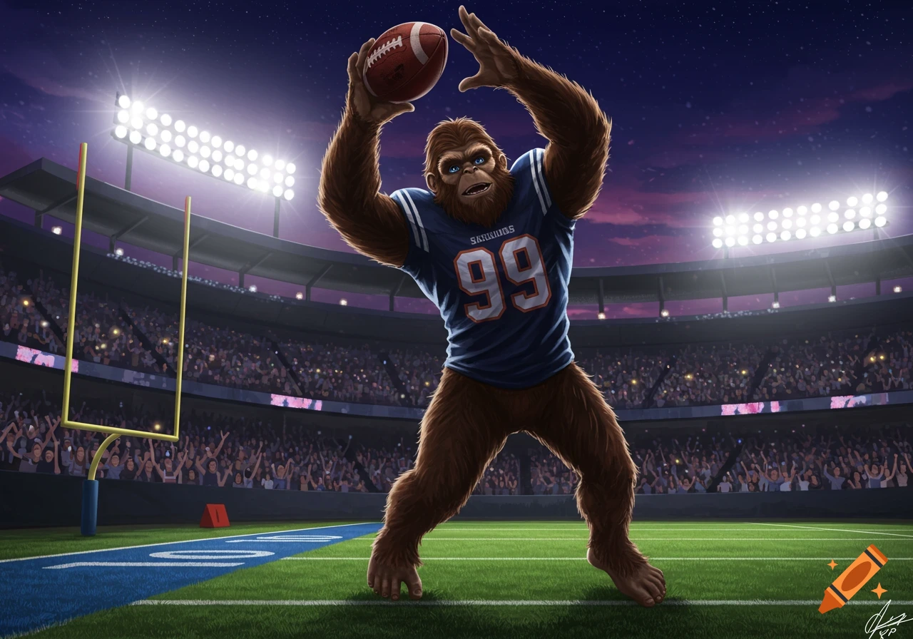 Illustration of a Sasquatch catching a football in a stadium. on Craiyon