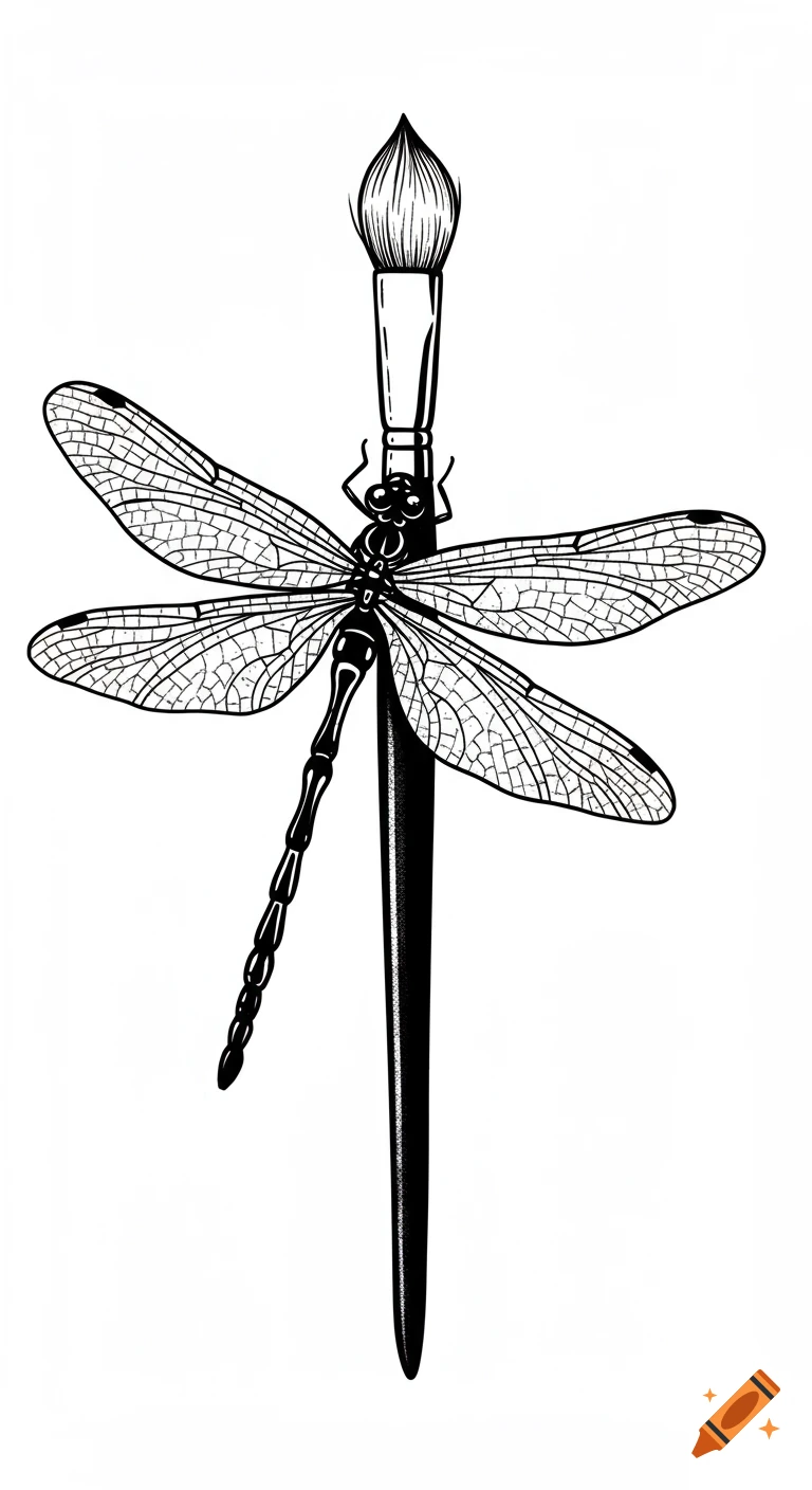 A black and white illustration in tattoo style shows a dragonfly ...