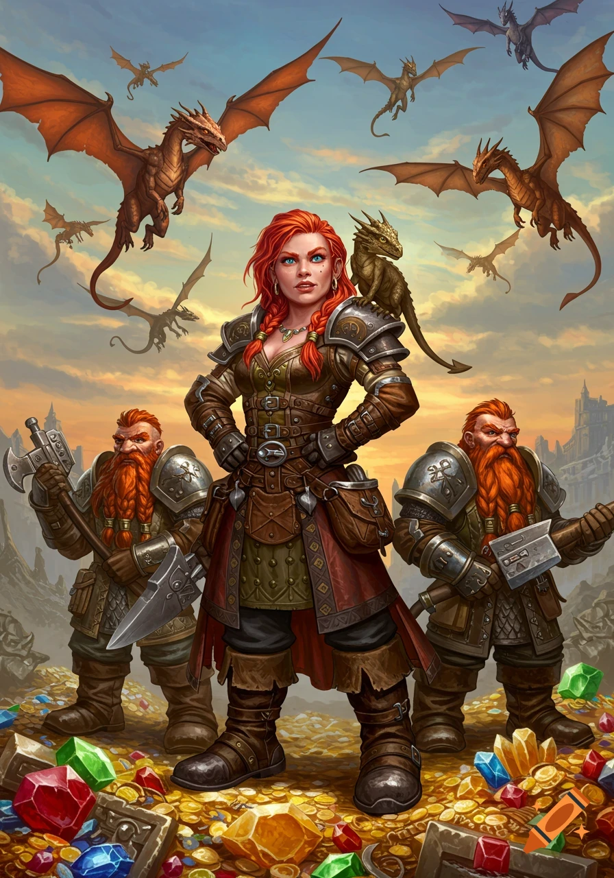 A female warrior with red hair and a dragon on her shoulder stands with ...