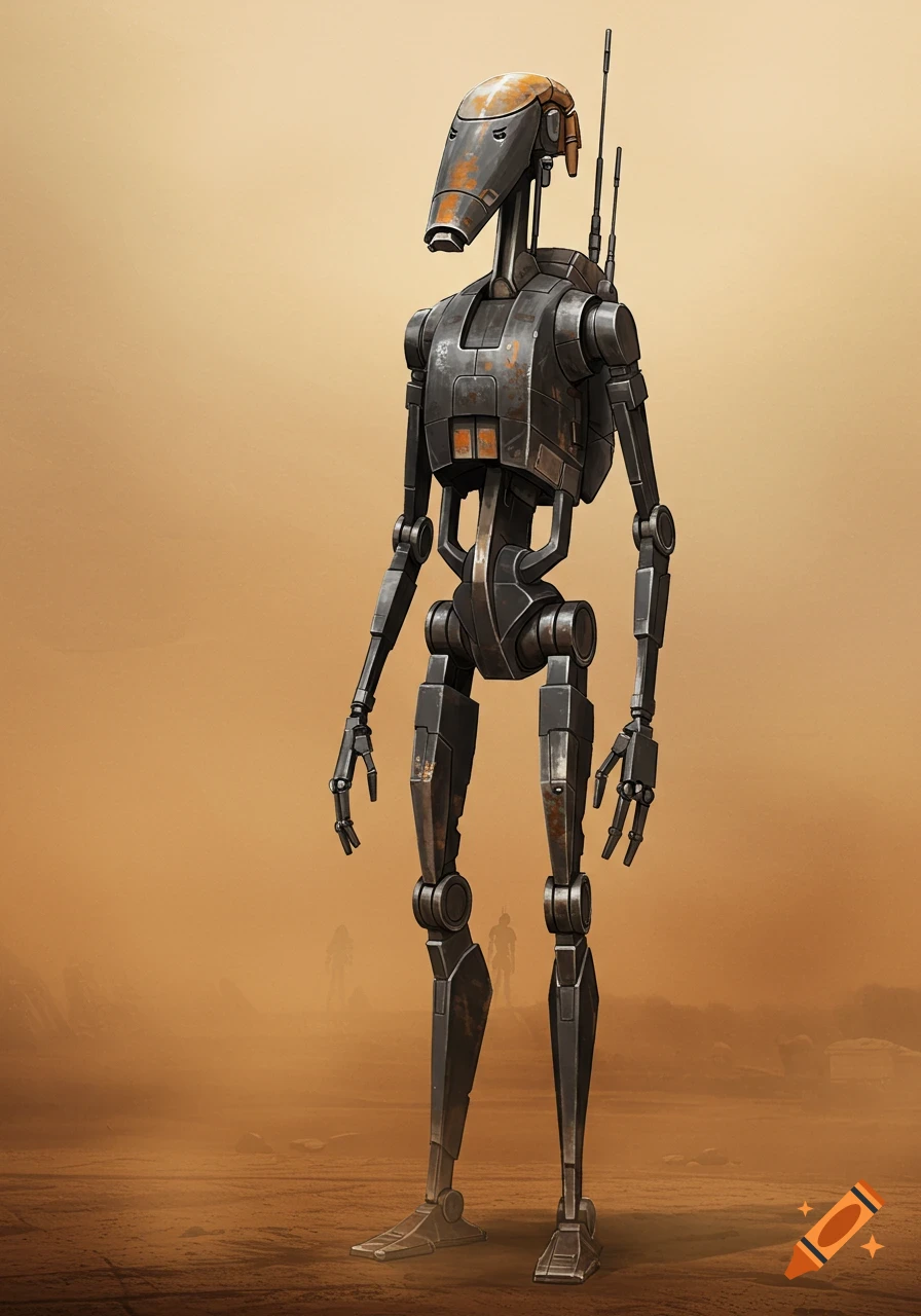 A rusty grey battle droid stands in a desert landscape, concept art style. on Craiyon