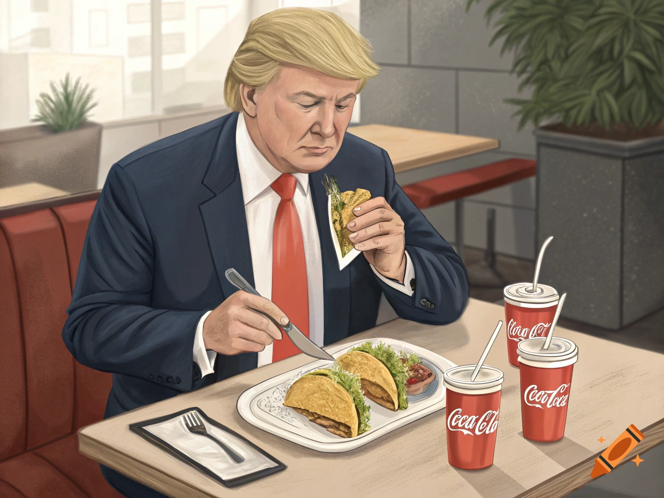 Illustration of Donald Trump eating tacos with a fork and knife at a ...
