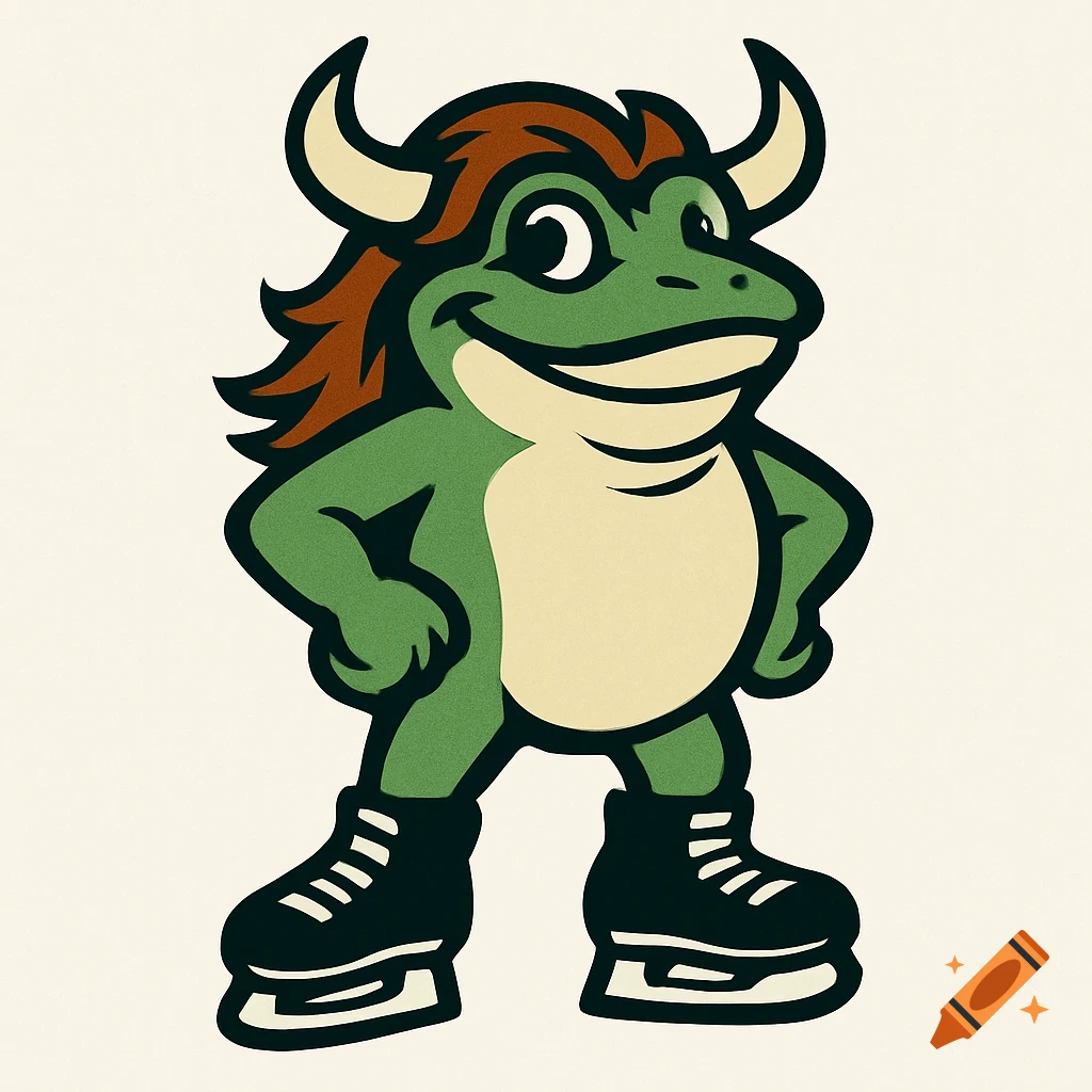 Cartoon bullfrog mascot with horns and a mullet wearing hockey skates ...