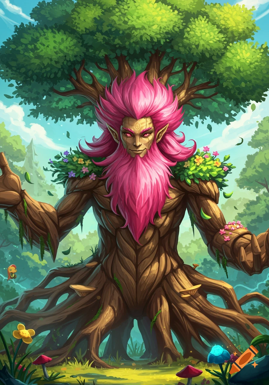An anime style tree god with pink hair stands in a forest. on Craiyon
