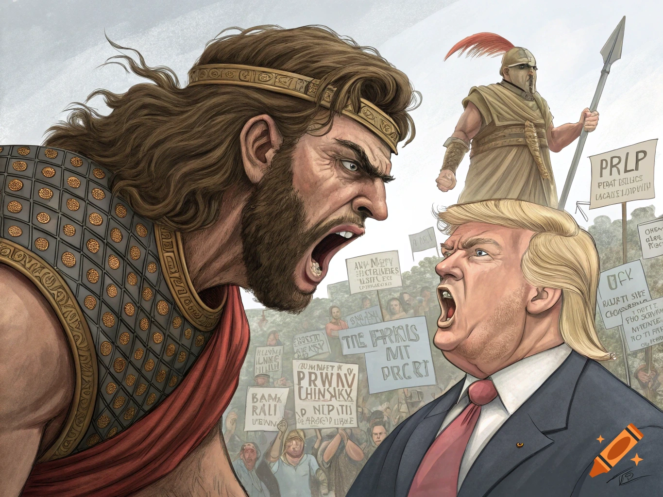 Illustration of giant Goliath-like figure yelling at smaller Trump-like ...