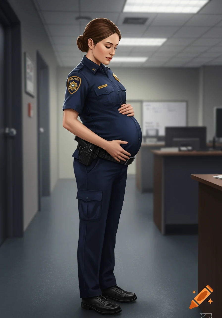 Illustration of a pregnant police officer standing in a hallway ...
