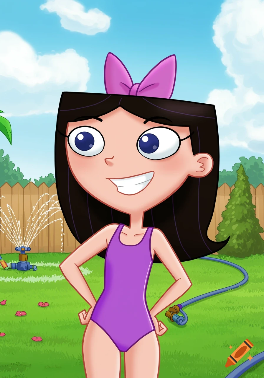 Cartoon character Isabella in a purple swimsuit stands in a backyard ...