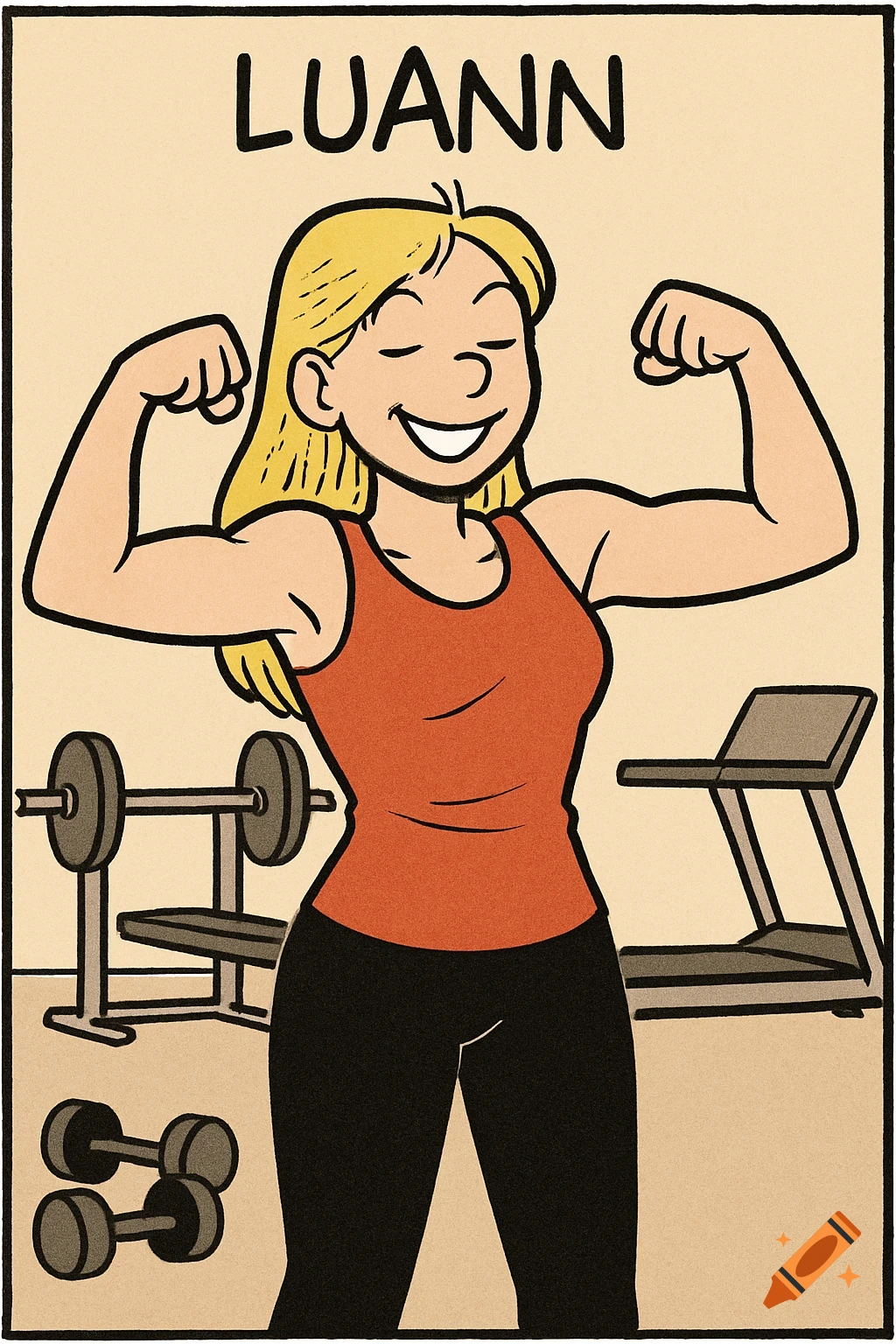 Cartoon of a woman named Luann flexing her muscles in a gym. on Craiyon