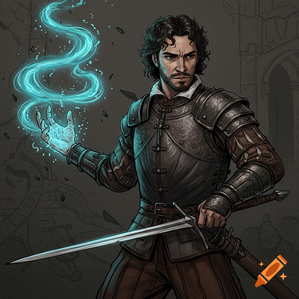 Drawing of a swordsman in armor holding a sword and casting glowing ...