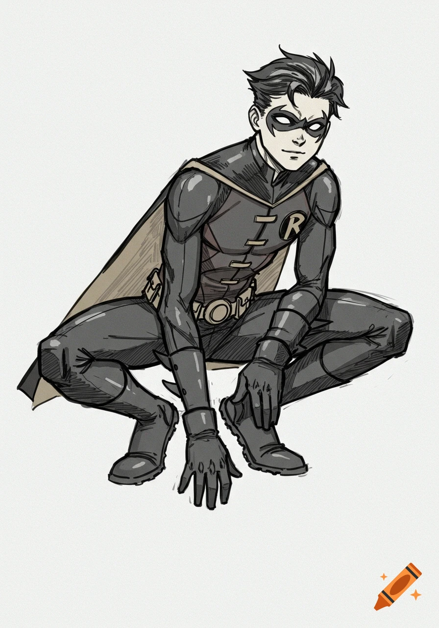Sketch of a young superhero in a dark suit and cape, crouching. on Craiyon
