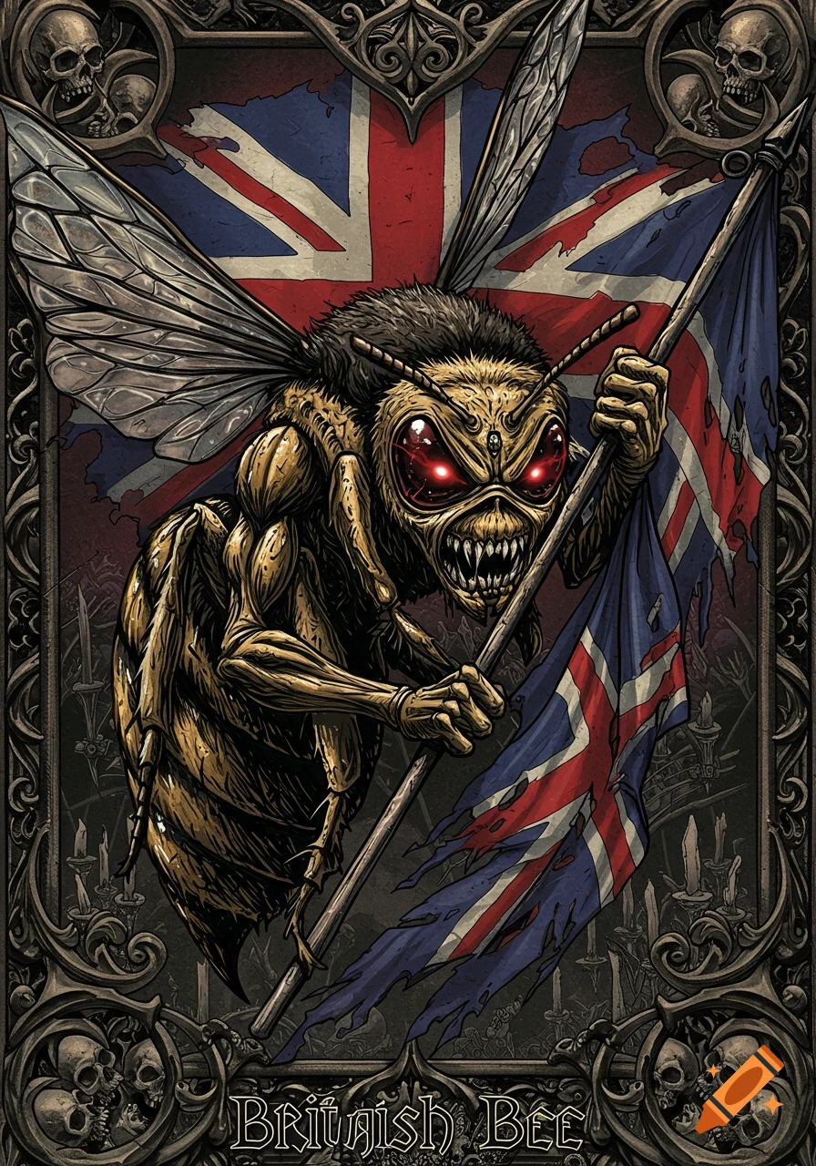 Monstrous bee holding a torn UK flag in a dark, detailed art style with ...