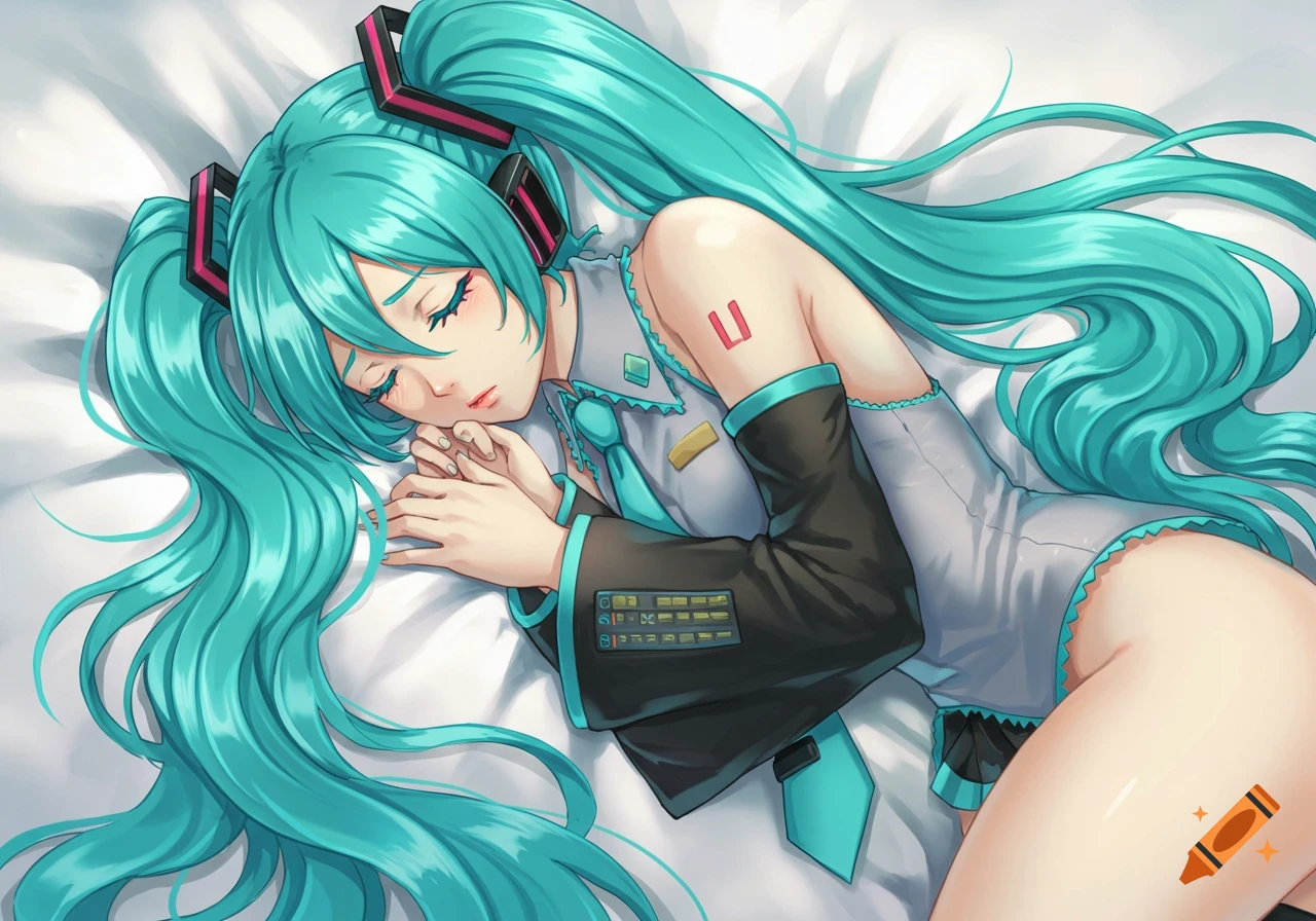 Illustration of Hatsune Miku sleeping on a pillow on Craiyon