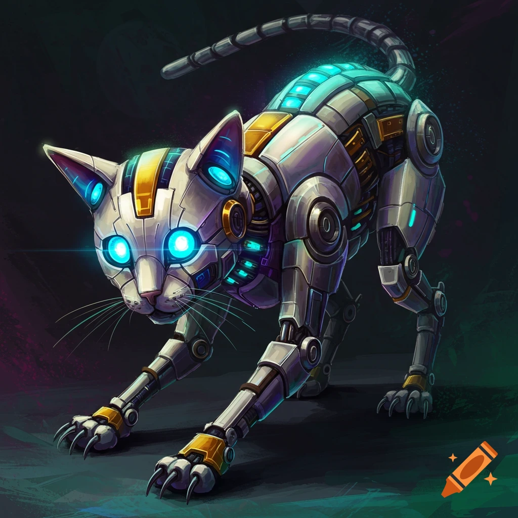 An illustration of a futuristic robotic cat with glowing blue eyes ...