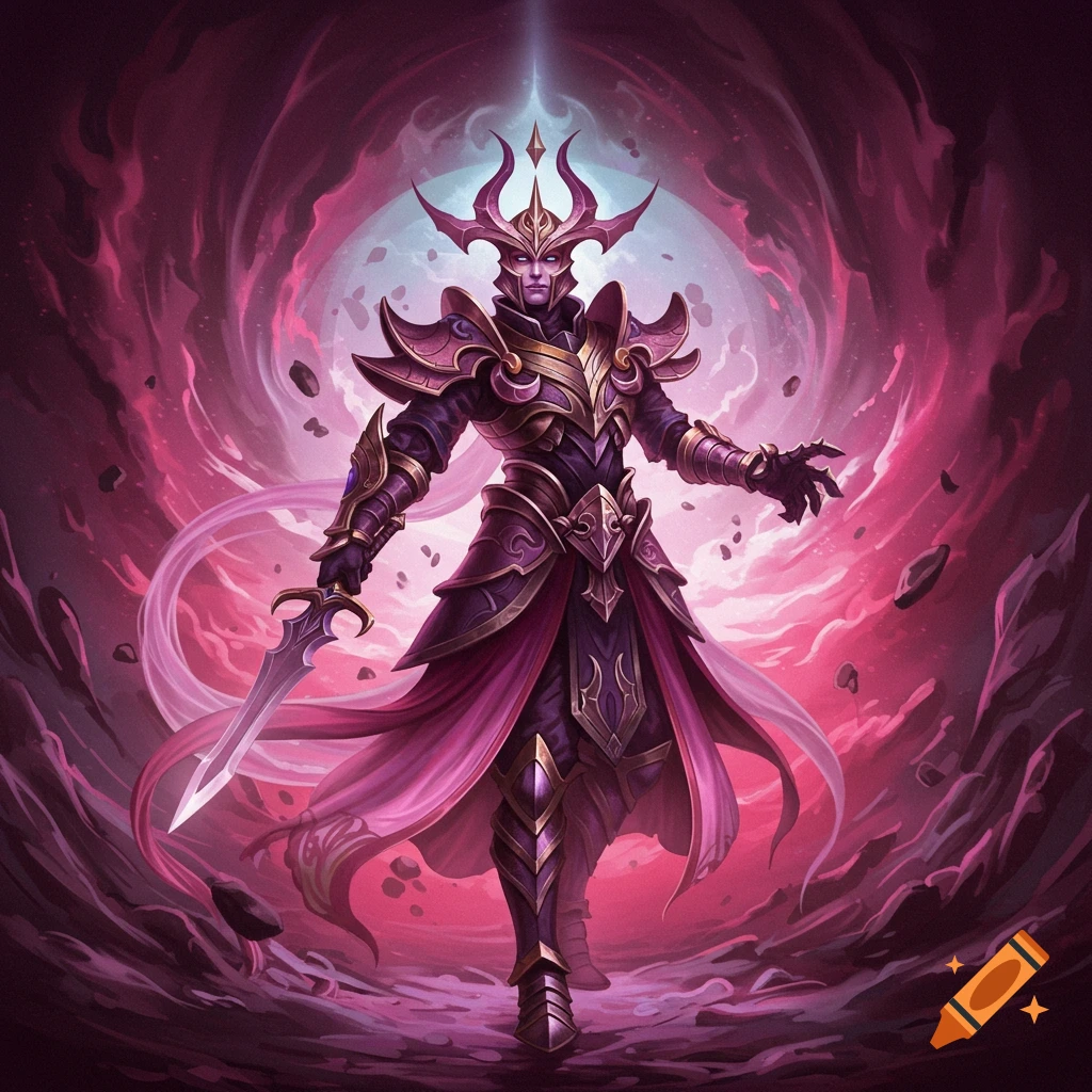 A fantasy warrior in purple and gold armor with a sword stands in a ...