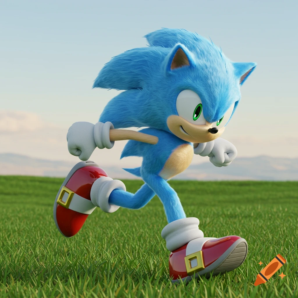 A blue cartoon hedgehog running through a grassy field. on Craiyon