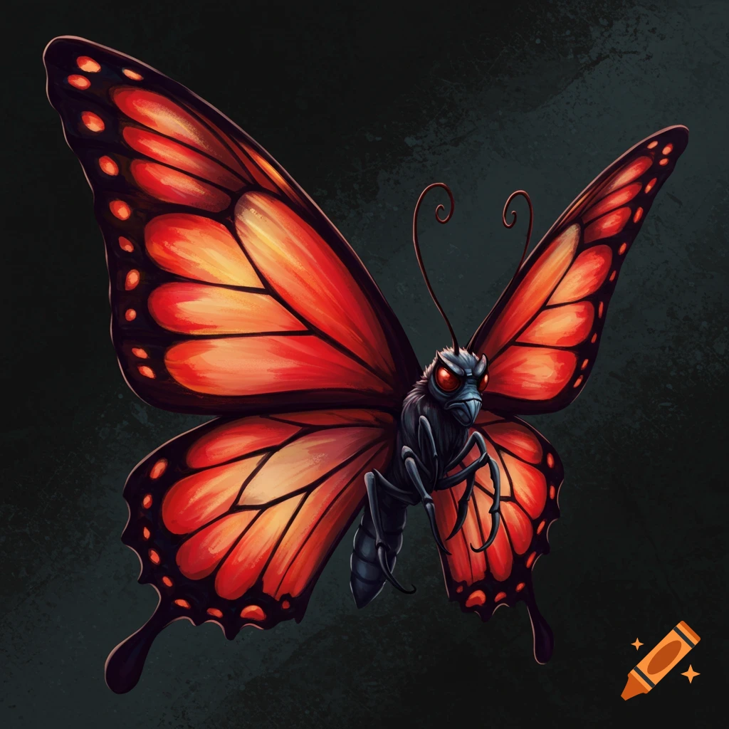 Illustration of an angry butterfly with red and orange wings and ...