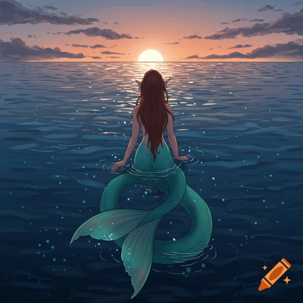 Mermaid with two tails facing a sunset over the ocean. on Craiyon