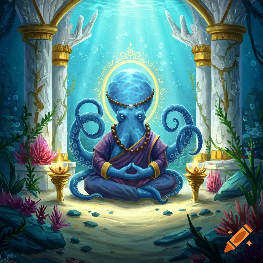 A blue octopus monk meditates in a lotus position underwater within ...