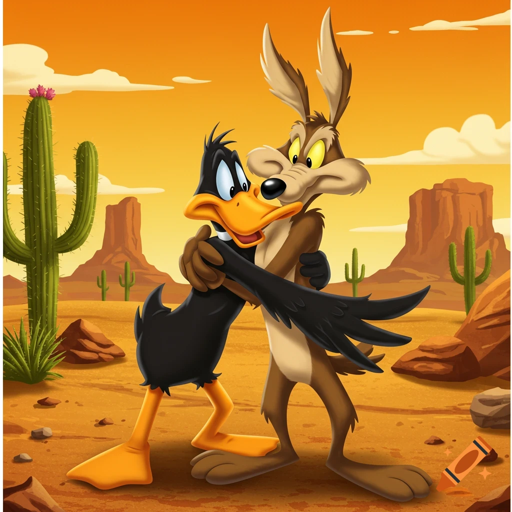 Wile E. Coyote and Daffy Duck hug in a cartoon style desert scene. on ...