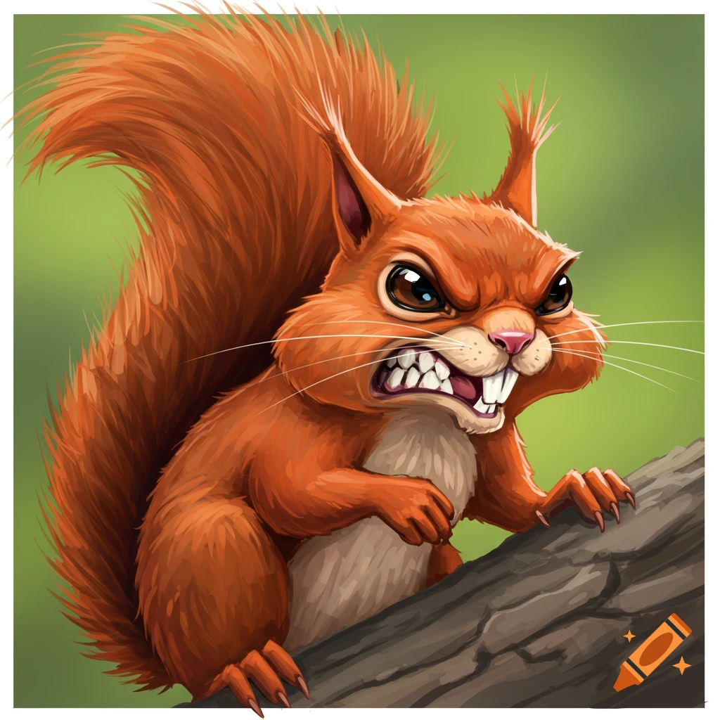 Cartoon illustration of an angry squirrel on a tree branch on Craiyon