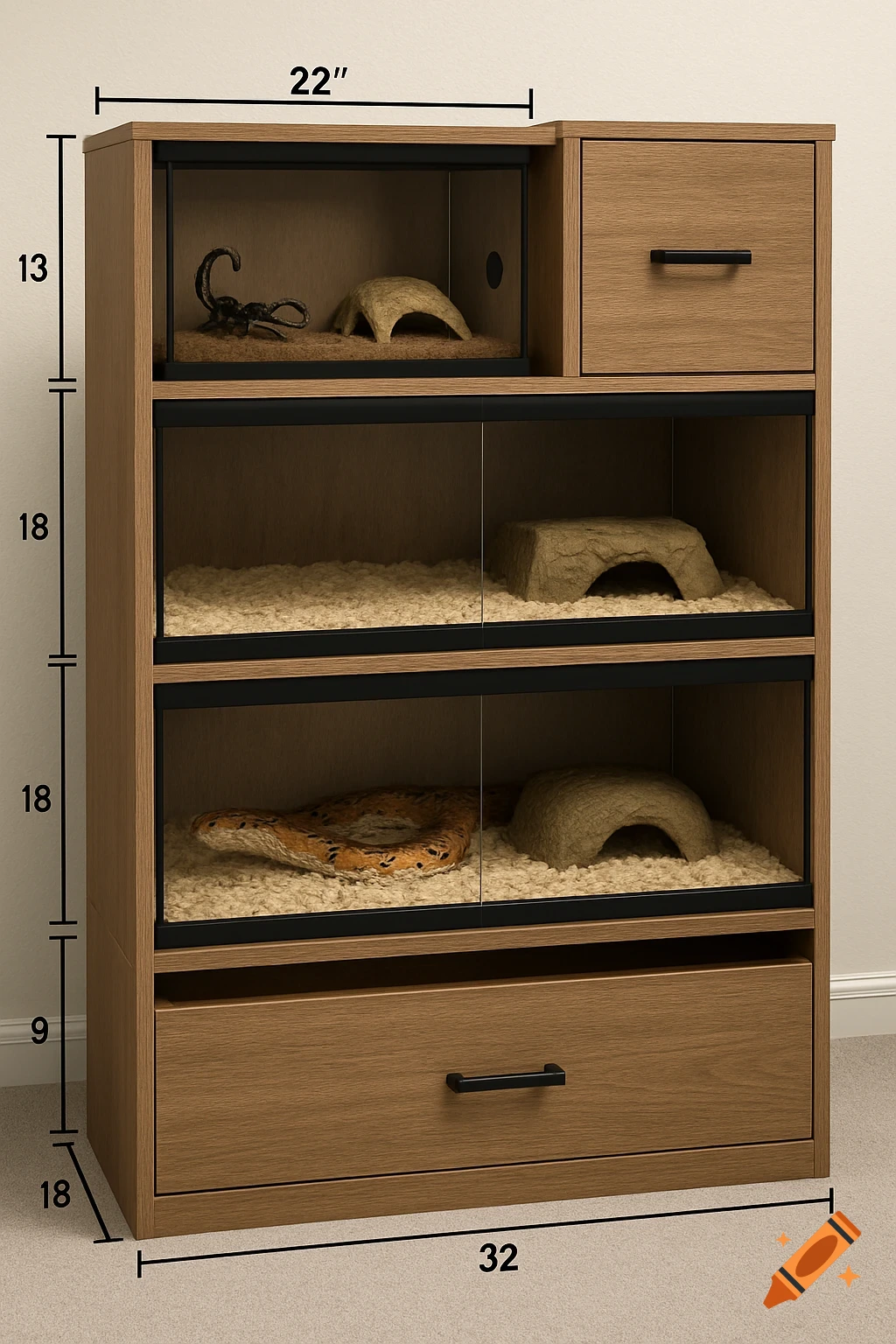 Wooden terrarium stand with multiple enclosures housing a scorpion and ...