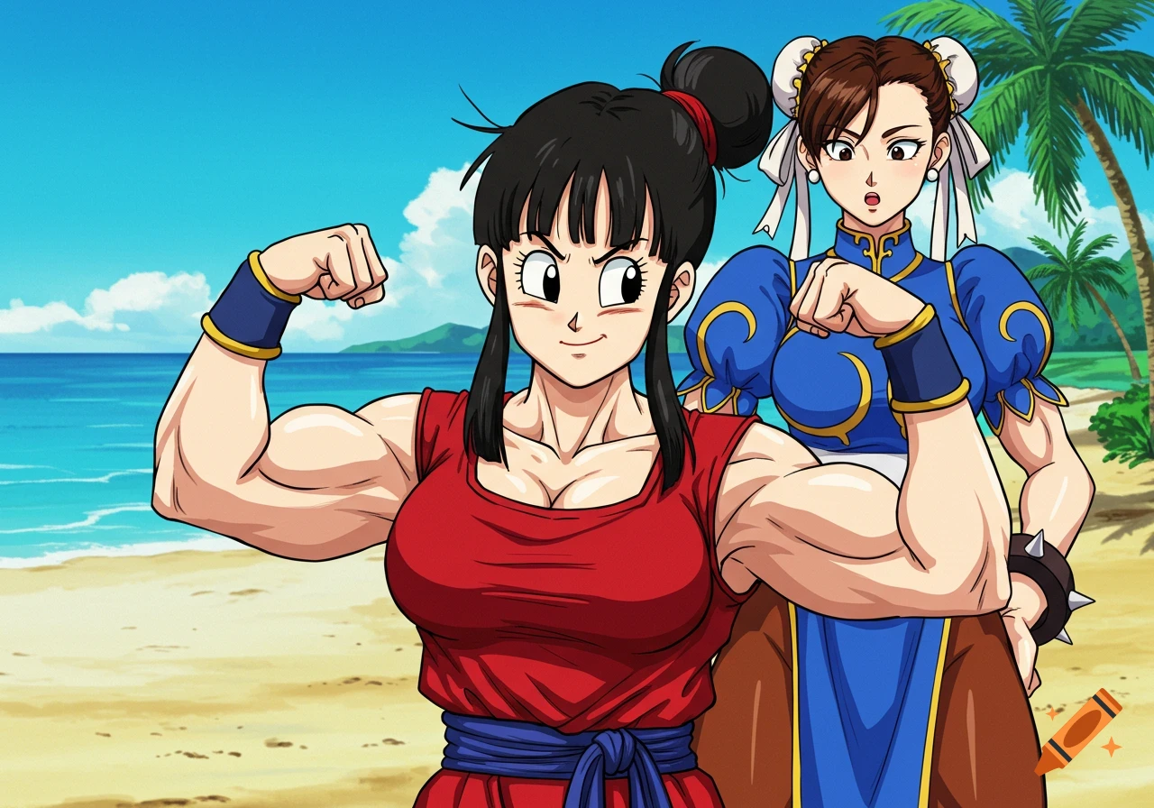 Chi-Chi and Chun-Li flex their muscles on a beach in anime style. on ...