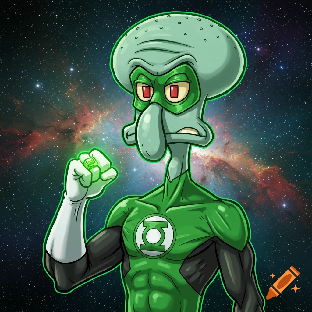 Squidward from Spongebob dressed as Green Lantern, holding up his glowing ring in space. on Craiyon
