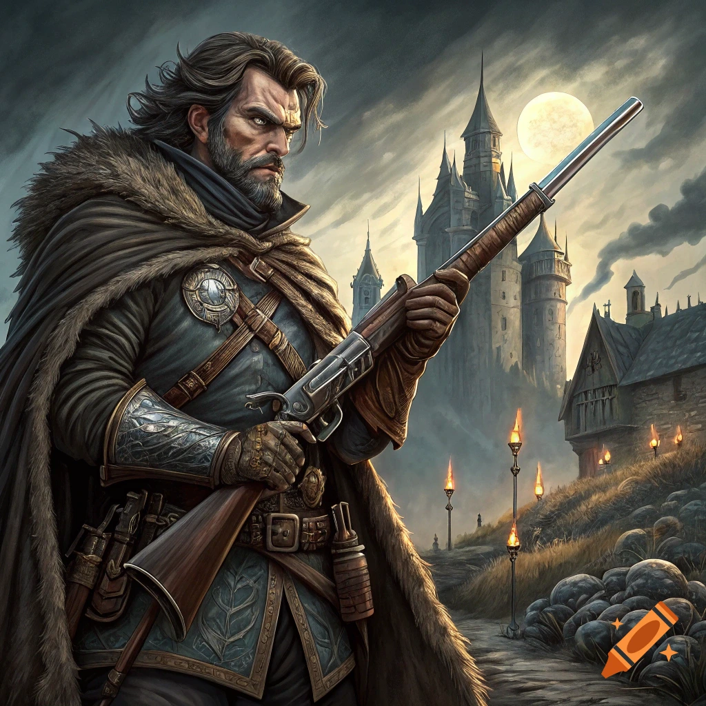 Medieval fantasy man with a rifle stands before a castle under a full ...