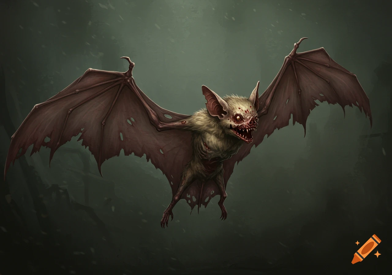 A grotesque monster bat with torn wings and visible ribs flies in a ...