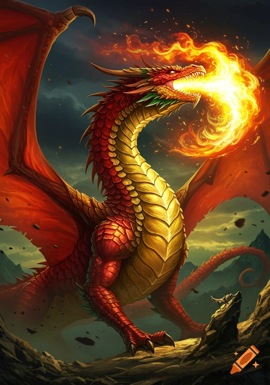A red and gold dragon breathing fire in a fantasy landscape on Craiyon