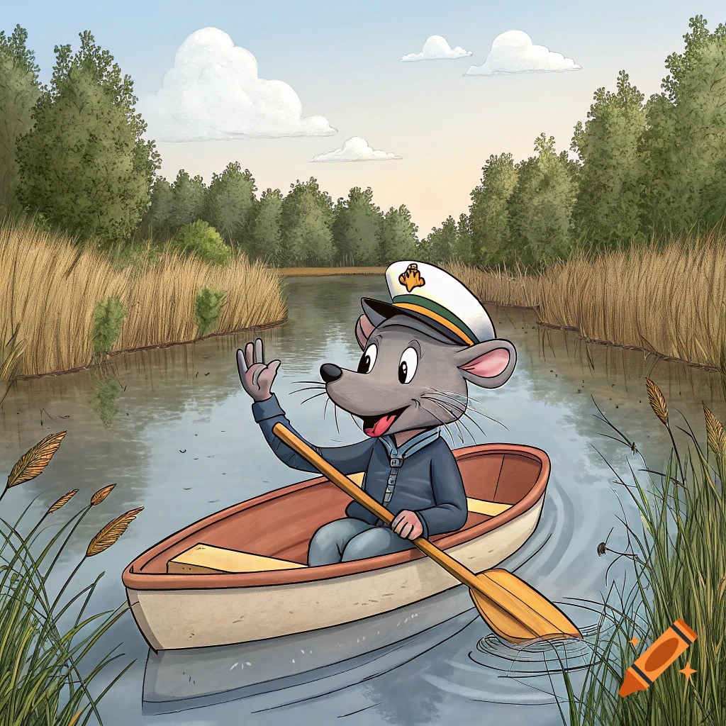 Cartoon mouse wearing a captain's hat waves from a rowboat on a river ...