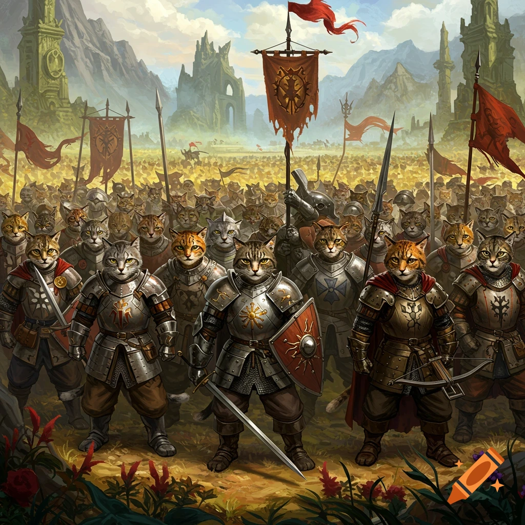 An army of armored anthropomorphic cats stands ready for battle in a ...