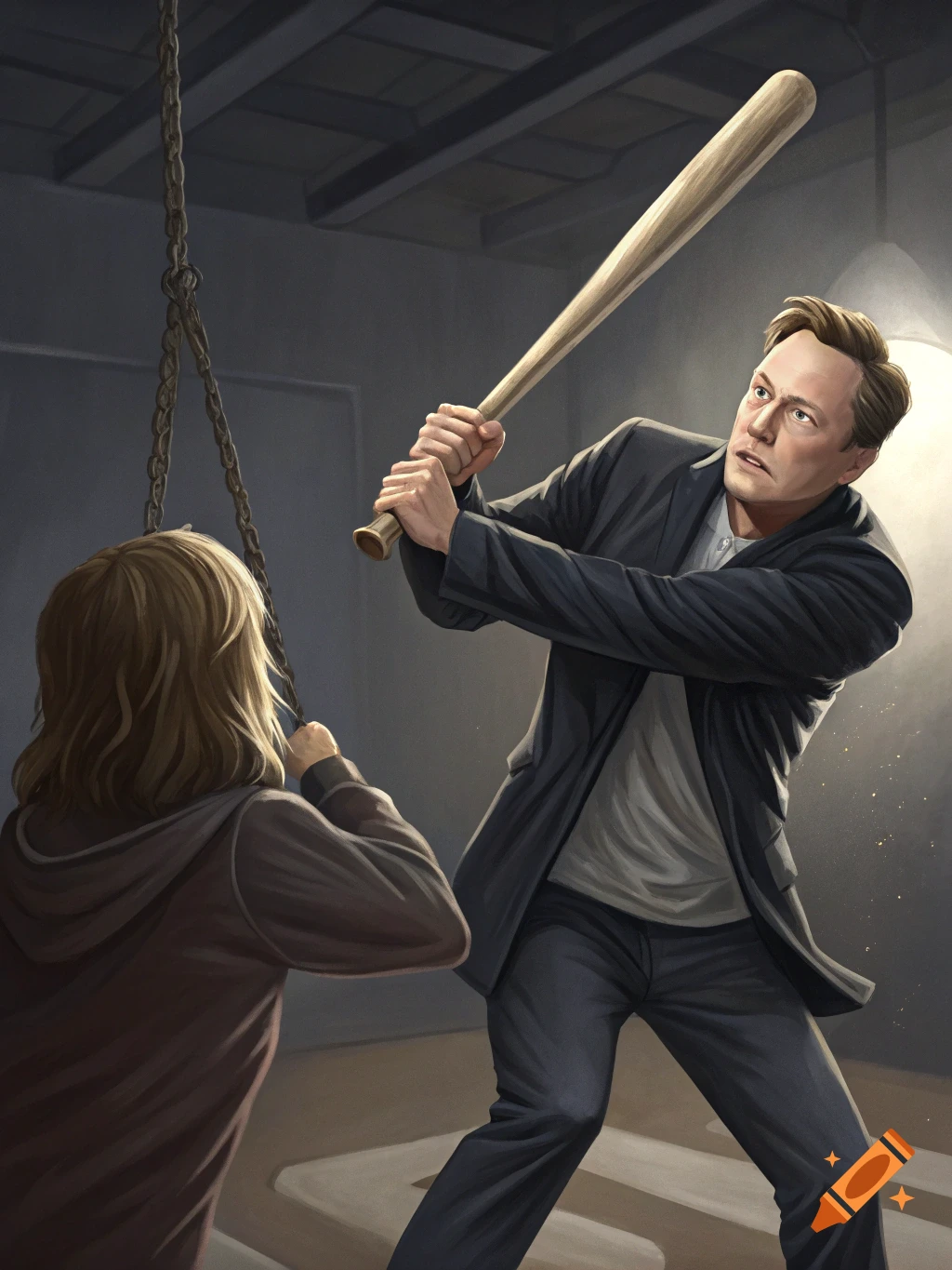 Illustration of Elon Musk with a baseball bat over a chained person in ...