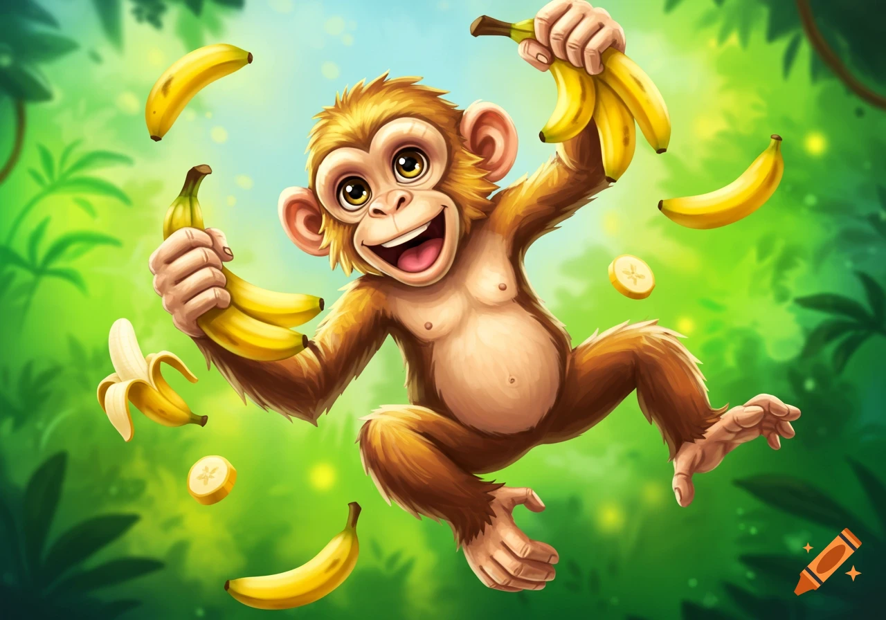 A happy cartoon monkey is jumping with bananas in a jungle. on Craiyon