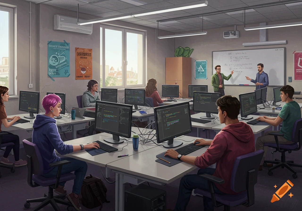 An illustration of a computing classroom with students at desks with ...