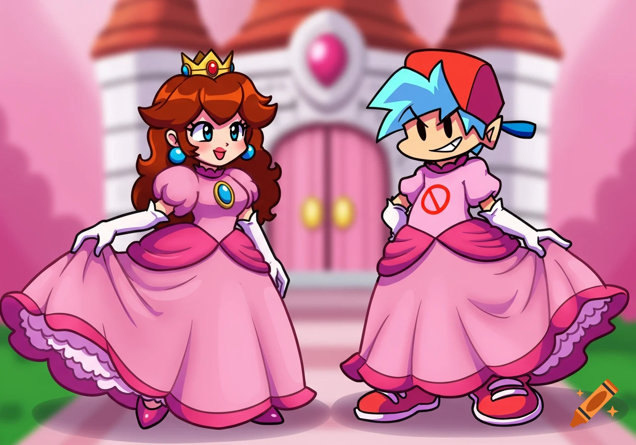 Princess Peach and FNF Boyfriend in pink dresses in front of a pink ...