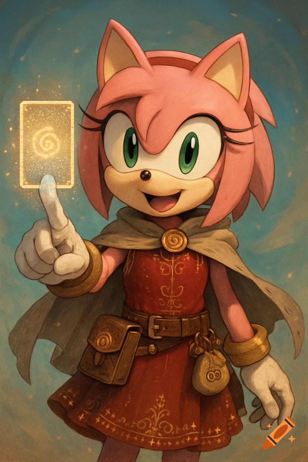 Amy Rose in fantasy traveler outfit holds up a glowing tarot card. Digital art. on Craiyon