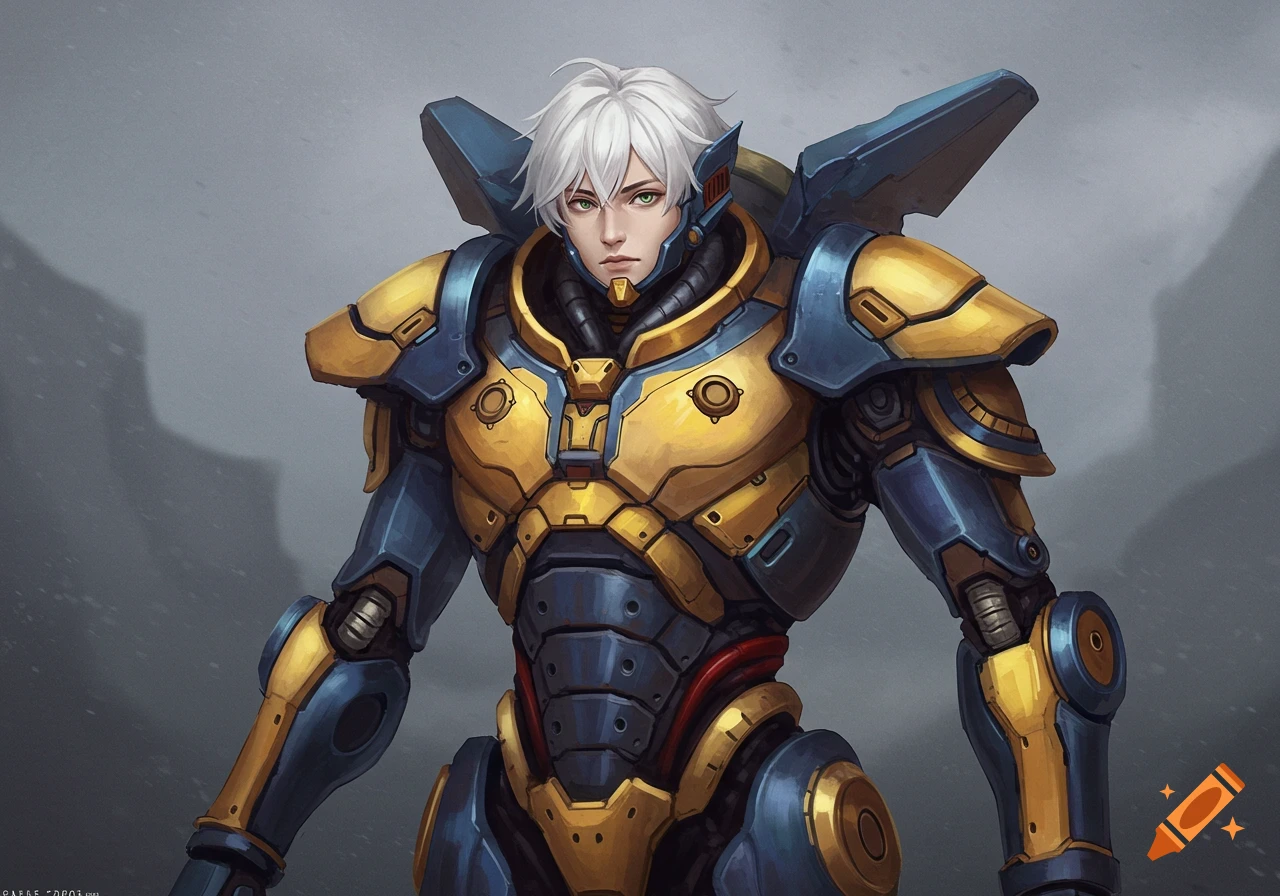 Anime-inspired humanoid in a detailed blue and gold mech suit. on Craiyon