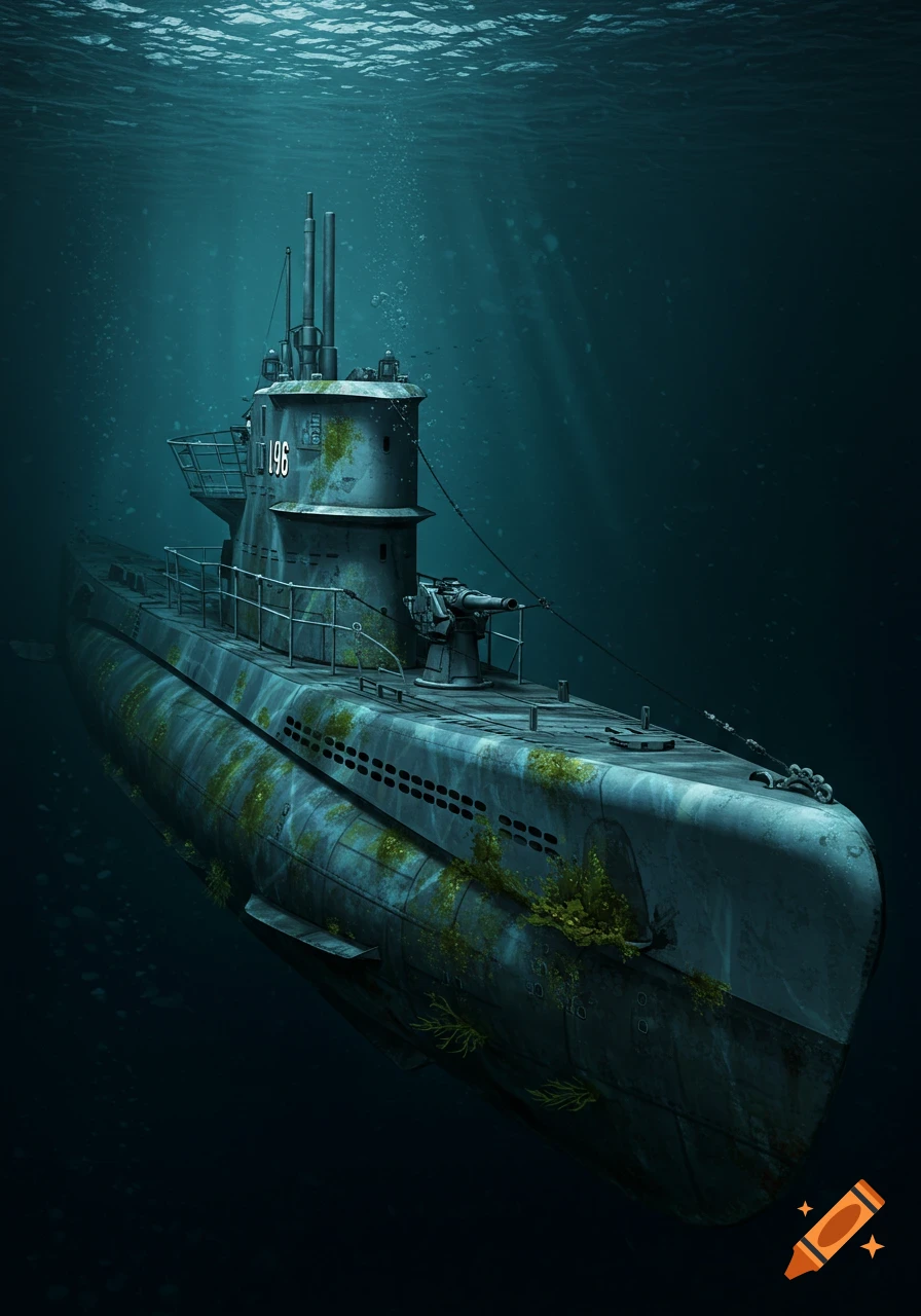 A detailed submarine sits underwater with light rays shining down. on ...
